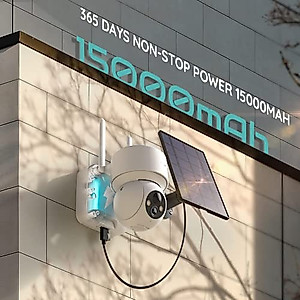 Solar Security Cameras Wireless Outdoor, 2K WiFi 360° PTZ Camera, Solar Powered Security Cameras with Spotlight & Siren, PIR Motion Detection, Color Night Vision, 2 Way Audio, 15000mAh Battery, Alexa