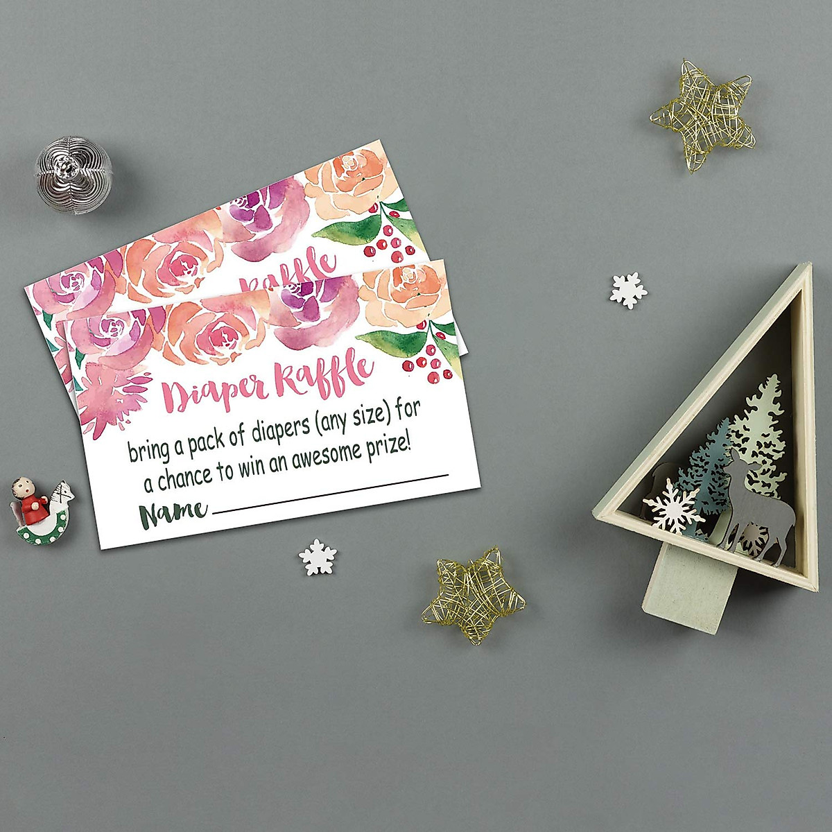 50 Watercolor Flowers Diaper Raffle Tickets for Baby Shower Invitation Inserts, Baby Shower Game Cards.