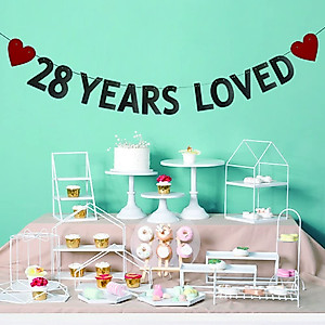 28 YEARS LOVED Banner，Pre-strung，28th Birthday / Wedding Anniversary Party Decorations Supplies，Black Glitter Paper Garlands Backdrops, Letters Black Betteryanzi