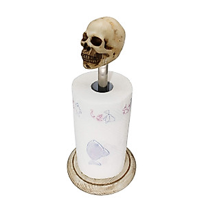 Rustic White Wood Skull Paper Towel Holder Stand Up Paper Towel Holder, Easy One-Handed Tear Kitchen Paper Towel Dispenser with Weighted Base for Standard Paper Towel Rolls ,Rustic White