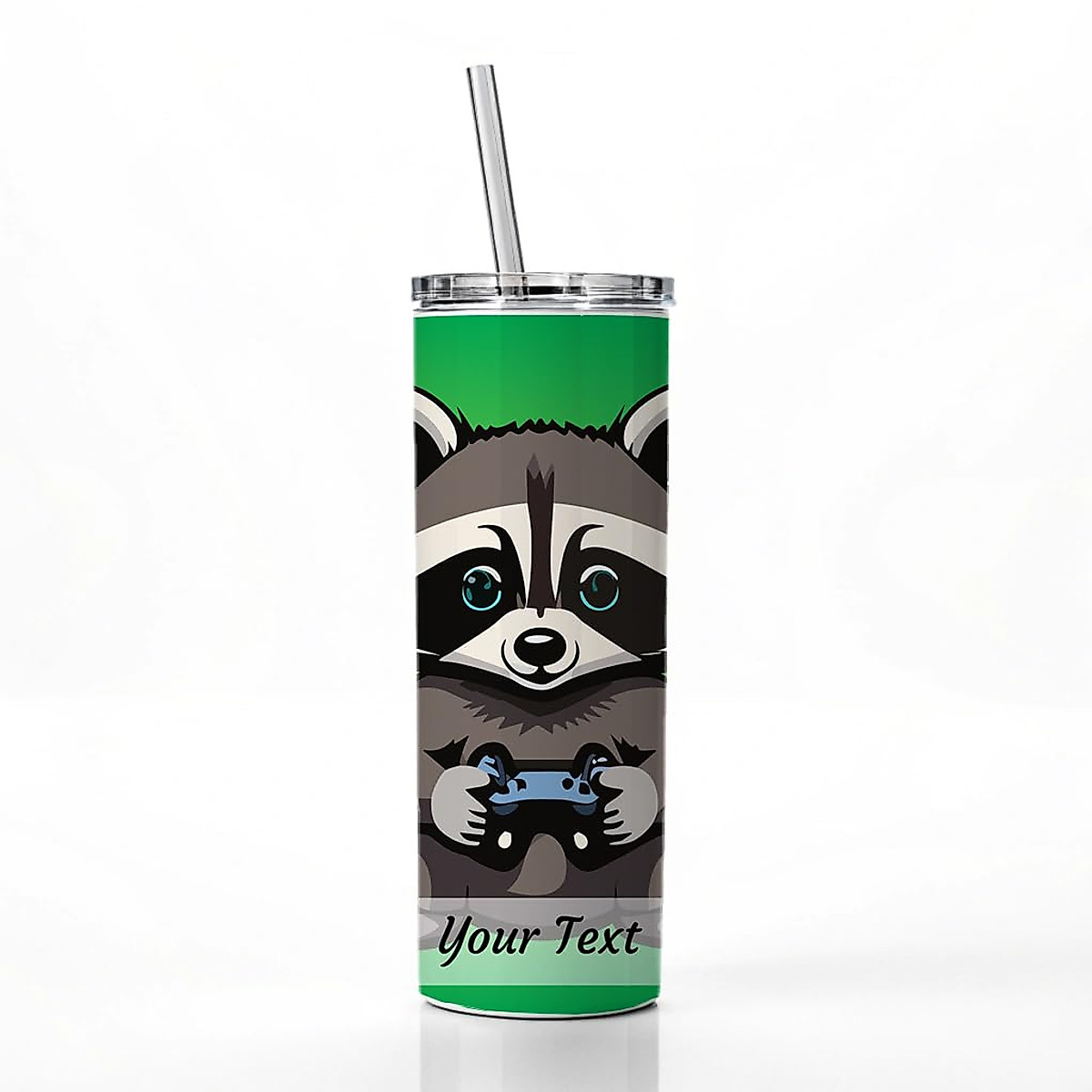 Personalized Custom Name Text Raccoon Gamer Gaming Playing Game Skinny Tumbler 20oz with Straw Insulated Water Bottle Gift - 1 Line Horizontal