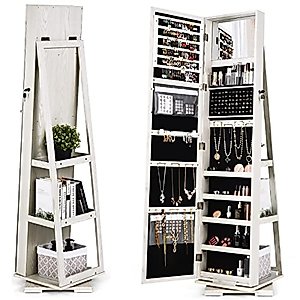 MAT EXPERT 360 Rotating Jewelry Armoire with Mirror, Freestanding Jewelry Storage Mirror w/78 Ring Slots, 24 Necklace Hooks, 120 Earring Slots, Lockable Standing Jewelry Organizer for Makeup (White)