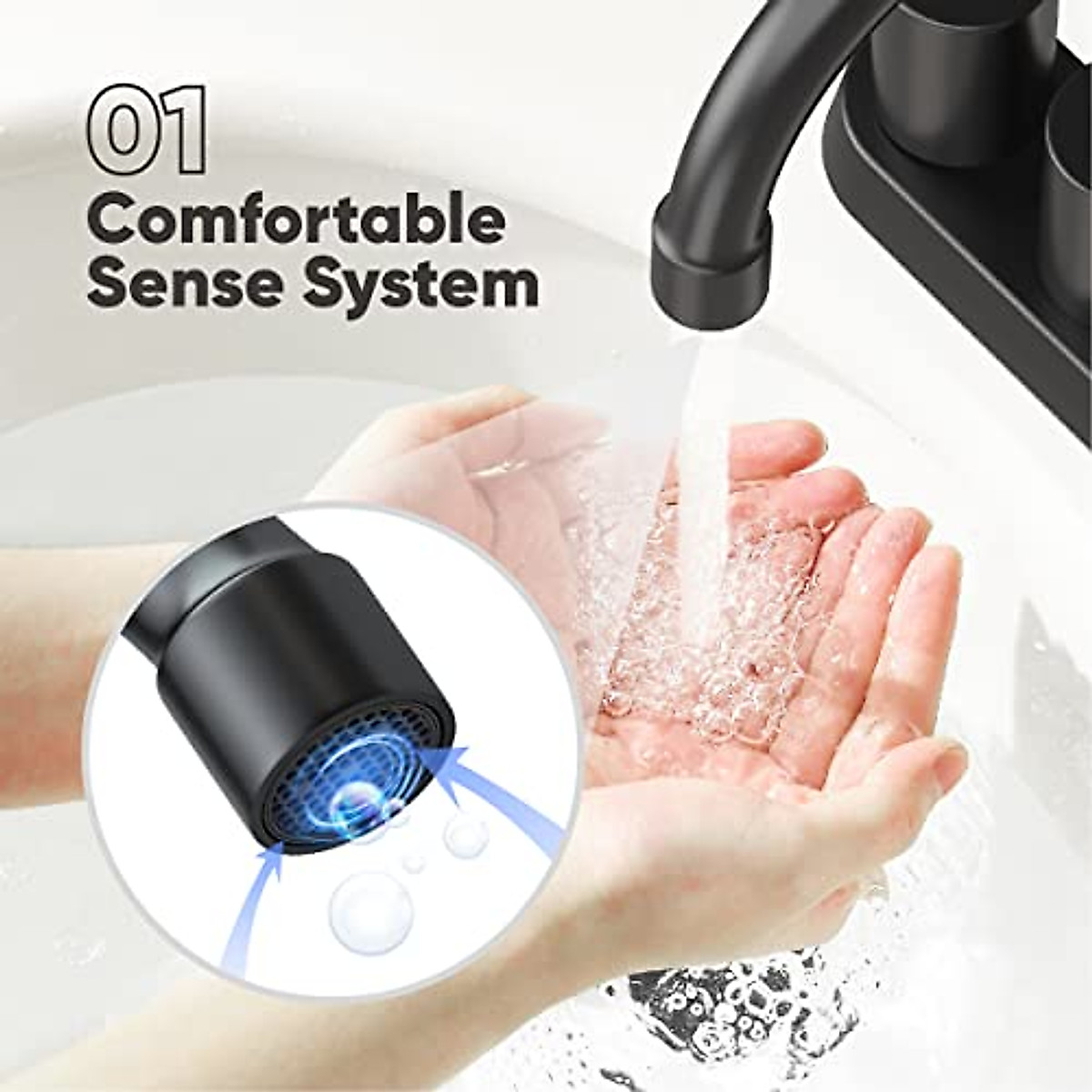 4 Inch 2 Handle Centerset Matte Black Lead-Free Modern Bathroom Faucet by Phiestina, 360 Swivel Spout 2-3 Hole RV Bathroom Vanity Sink Faucet with Pop Up Drain and Water Supply Lines，BF015-1-MB