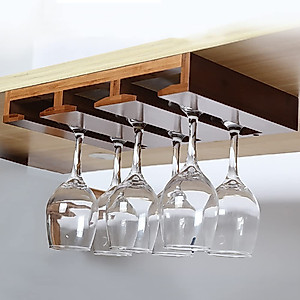 Bamboo Wine Glass Rack,Under Cabinet Stemware Rack,3/4/5 Rows Glasses Storage Holder for Bar Kitchen,Hanging Wine Glass Holder