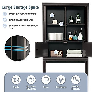 LOKO Over The Toilet Storage Cabinet, 2-Door Tall Bathroom Organizer w/ 4 Open Compartments & Adjustable Shelves, Modern Simple Toilet Space Saver, Ideal for Bathroom Laundry Balcony (Espresso)
