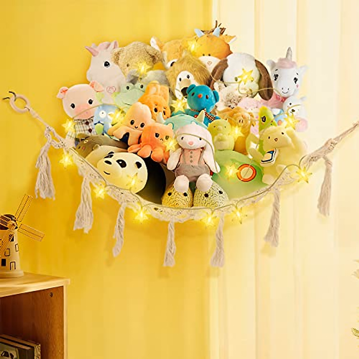 Stuffed Animal Hammock, 55inch Hand-Woven Toy Hammock Boho Tassel Macrame with Star Light String Corner Hanging Organizer Storage Plush Toys Net Holder for Nursery Play Room Kids Bedroom Decoration