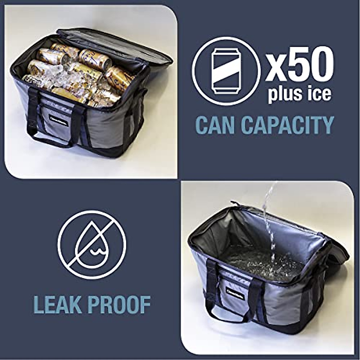 CleverMade Maverick Collapsible Cooler Bag - 50 Can Insulated Leakproof Soft Sided Beverage-Tote with Shoulder Strap, Bottle Opener and Storage Pockets, Grey/charcoal, Large, One Size