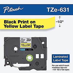 Brother Genuine P-touch TZE-631 Tape, 1/2" (0.47") Standard Laminated P-touch Tape, Black on Yellow, Laminated for Indoor or Outdoor Use, Water Resistant, 26.2 Feet (8M), Single-Pack