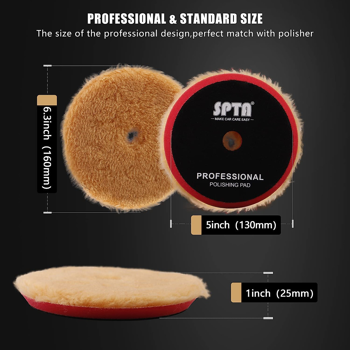 SPTA Wool Buffing Polishing Pads, 3Pcs 5" (125mm) Coarse Medium Cutting Car Wool Polishing Pads, Premium 100% Wool Cutting Pad with Hook and Loop for Car Polisher Car Polishing and Buffing -WPMIXS5