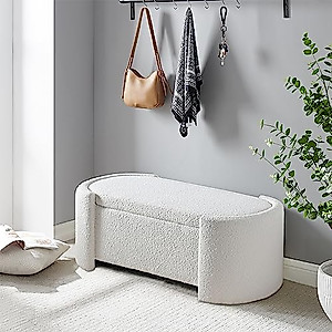 KINFFICT 43.4" Storage Ottoman Bench for Bedroom End of Bed, Upholstered Boucle Storage Bench, Modern Sherpa Benches Furniture with Safety Hinge for Entryway, Bedroom, Living Room, Teddy White