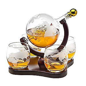 Whiskey Decanter Globe Set with 4 Etched Globe Whisky Glasses for Liquor, Scotch, Bourbon, Vodka, Gifts for Men - 850ml