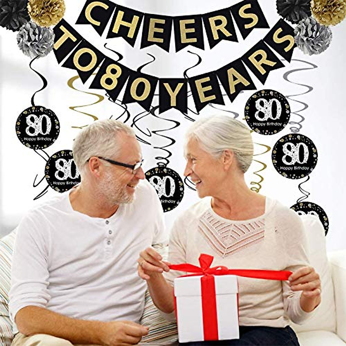 Trgowaul 80th Birthday Party Decorations Kit- Gold Glittery Cheers to 80 Years Banner, Pom Poms, 6Pcs Sparkling 80 Hanging Swirl, 1 Gold Number Balloon, 15 Confetti Balloons for 80 Birthday Decoration