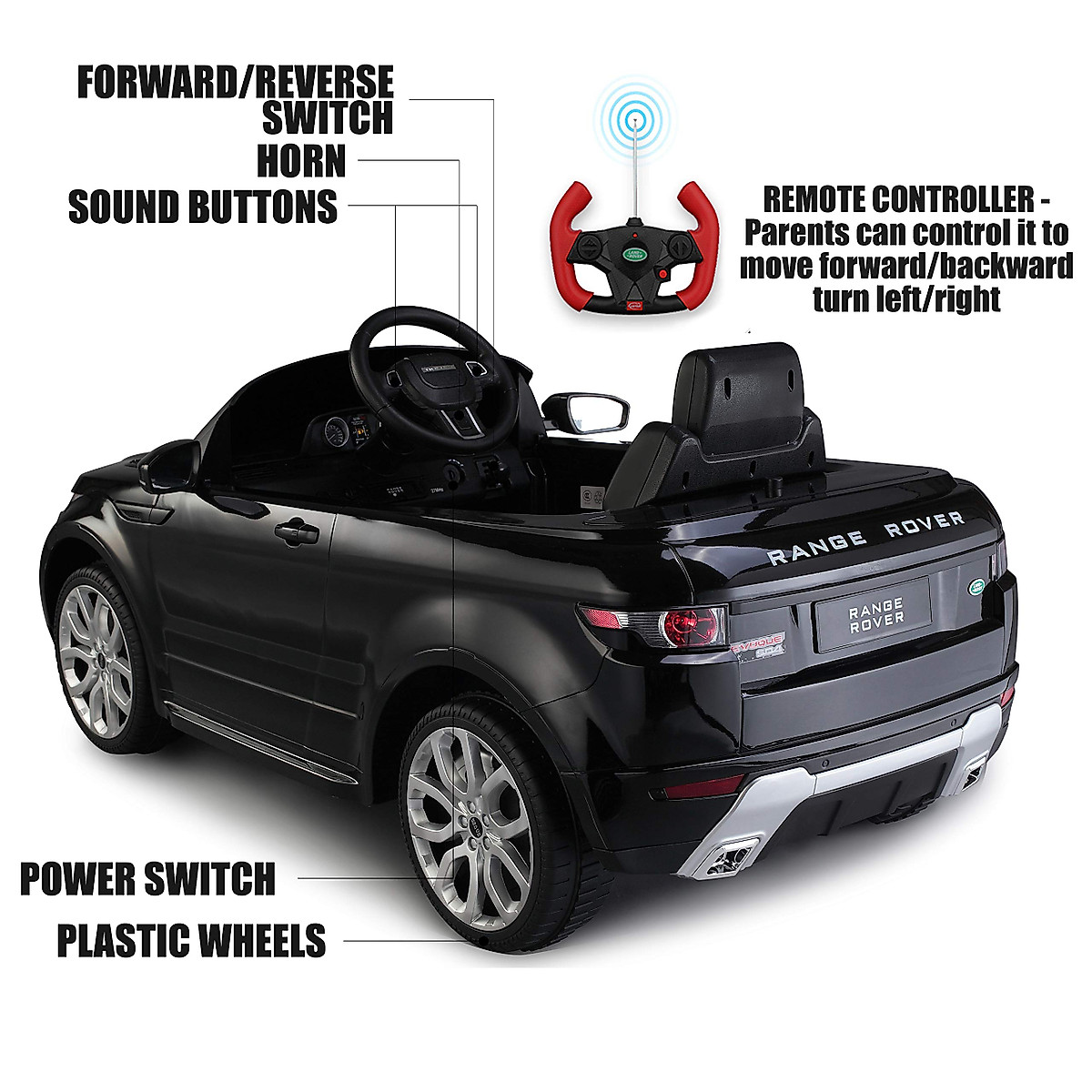 Americas Toys Compatible with Rastar Range Rover 12V Battery Powered Ride On Car with Remote Control - Kids Electric Car Includes Plastic Wheels, Headlight Function, MP3 Music and Horn Black