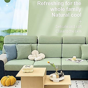 Summer Ice Silk Sofa Cushion Cover,Non-Slip Wear-Resistant Sectional Slipcovers Set Cooling Stretch Couch Cushion Cover,Furniture Protector for 1/2/3/4 Seater (3 Seater Cover, Blue)