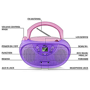 hPlay Gummy GC04 Portable CD Player Boombox with Digital Tunning AM FM Stereo Radio Kids CD Player LCD Display, Aux-Port Supported AC or Battery Powered - Pastel Violet