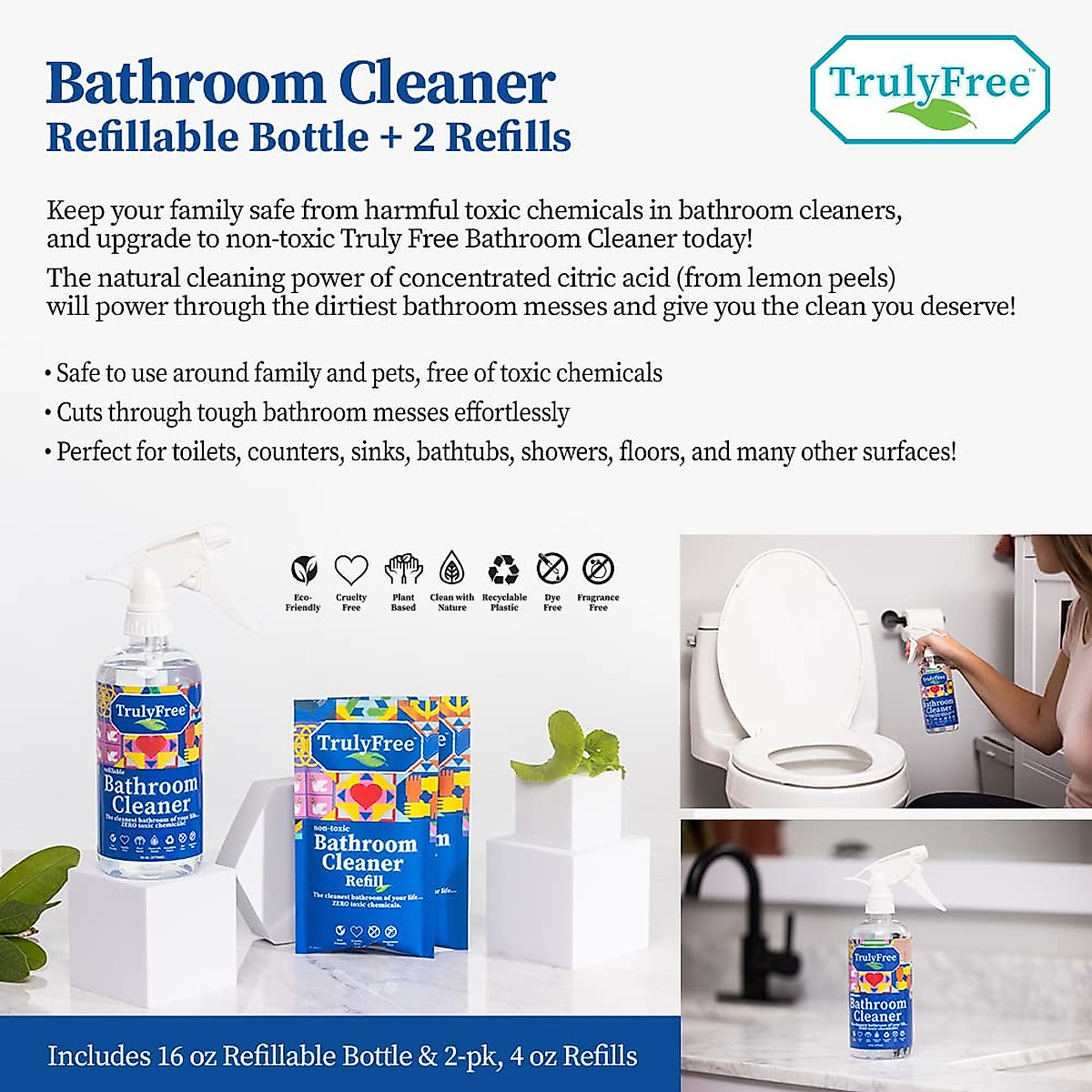 Truly Free 7-in-1 Ultimate Multipurpose Cleaning Kit for Home & Bathroom – Includes Bathroom, Glass & Everyday Cleaner, Space Freshener, Cleaning Caddy & Reusable Cleaning Cloths