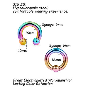 Tvalccoy 2g 2 Gauge Big Heavy Nose Septum Hoop Ring Ear Earrings Stretching Kit for Men Rainbow Surgical Stainless Steel Captive Bead Prince Albert Pa Piercing Jewelry
