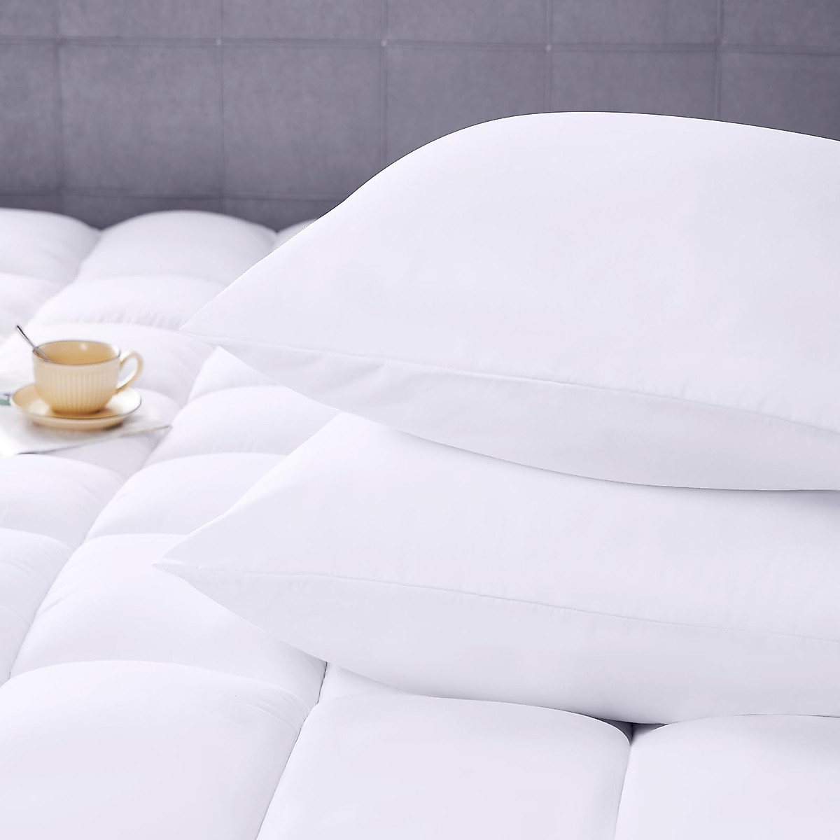 MASVIS Mattress Topper with Flat Sheet and Pillowcases - Queen Size Extra Thick Mattress Pad Cover for Back Pain - Soft Bedding Sheet - Overfilled Plush Pillow Top with 8-21 Inch Deep Pocket - White