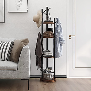 Espelism Rotary Coat Rack Freestanding Metal Coat Hall Tree Stand with 4 Tiers Storage Display Shelf and 9 Hooks for Entryway Bedroom Corner Office Garment Clothes Holder (Brown)