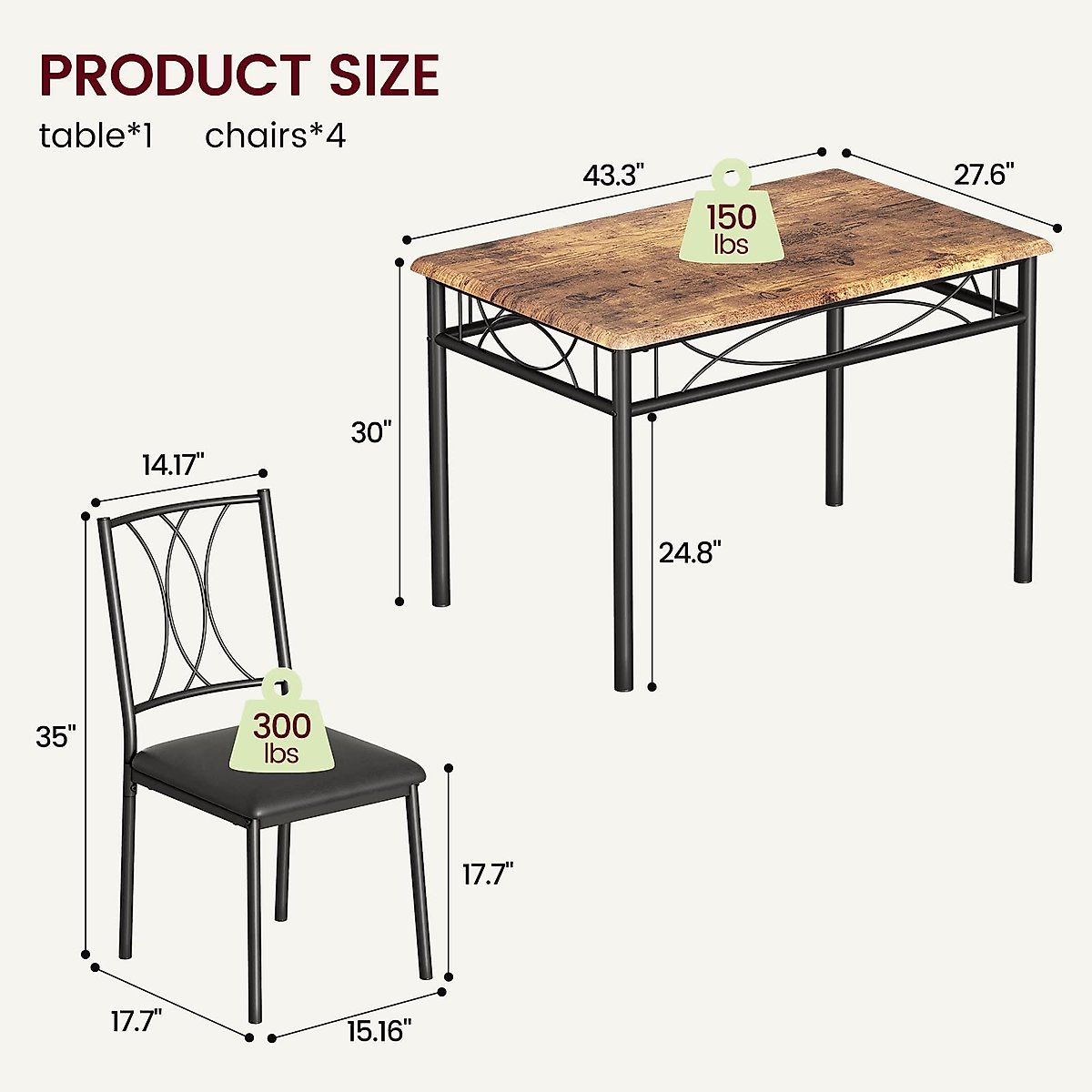 IDEALHOUSE Dining Table Set for 4, Kitchen Table and Chairs, Rectangular Dining Room Table Set with 4 Upholstered Chairs, 5 Piece Dining Table Set for Small Space, Apartment, Rustic Brown
