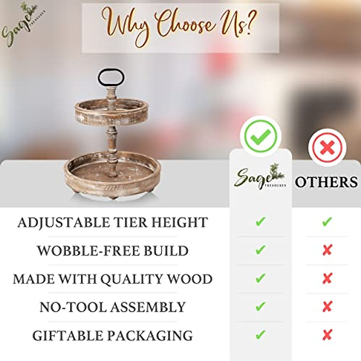 Two Tiered Tray Stand - Large 15 Inch Round Premium Farmhouse Tiered Tray with Unique Adjustable Tier Height and Stability Design - Rustic Wooden Tiered Tray - Distressed 2 Tier Tray for Decor