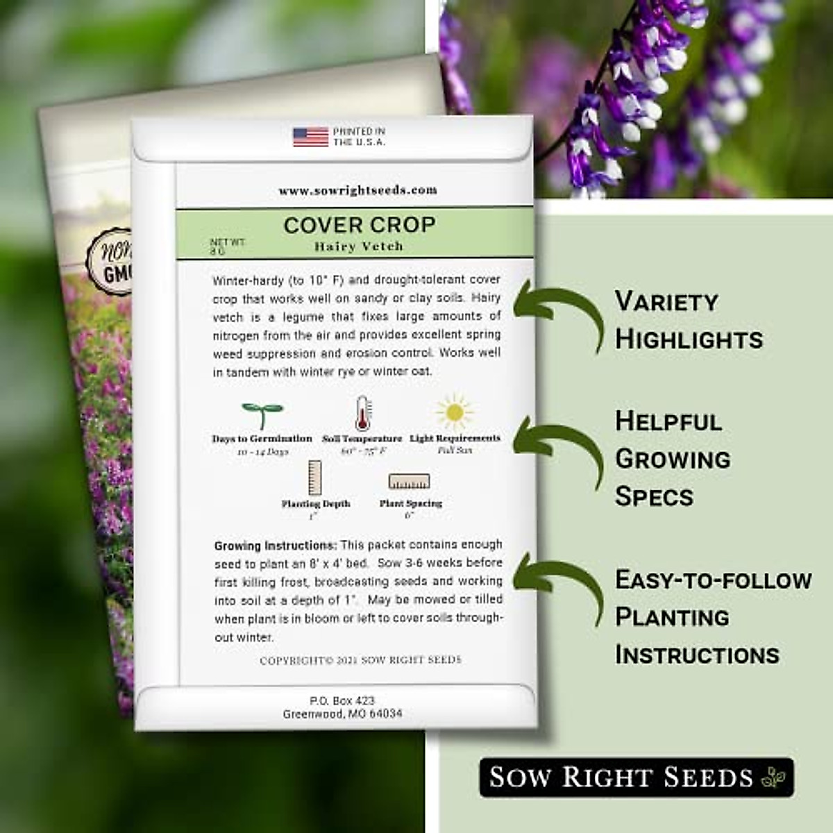 Sow Right Seeds - Hairy Vetch Seed for Planting - Cover Crops to Plant in Your Home Vegetable Garden - Enriches Soil - Suppresses Weeds - Winter Hardy - Non-GMO Heirloom Seeds - A Great Gardening Gift