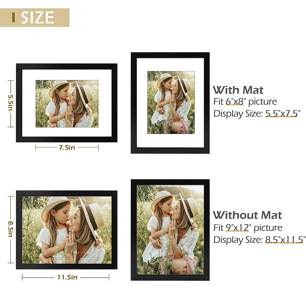 Golden State Art, 9x12 Picture Frame - Black Solid Wood With Tempered Glass - Display Pictures 6X8 with Mat or 9X12 Without Mat - Wall Hanging Photo Frame, 1 Pack