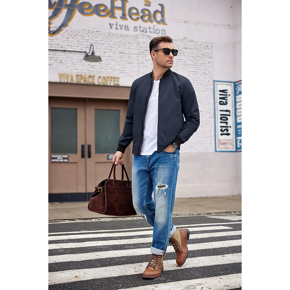 COOFANDY Men's Lightweight Bomber Jacket Fashion Windbreaker Fall Winter Front Zip Jackets Navy Blue L