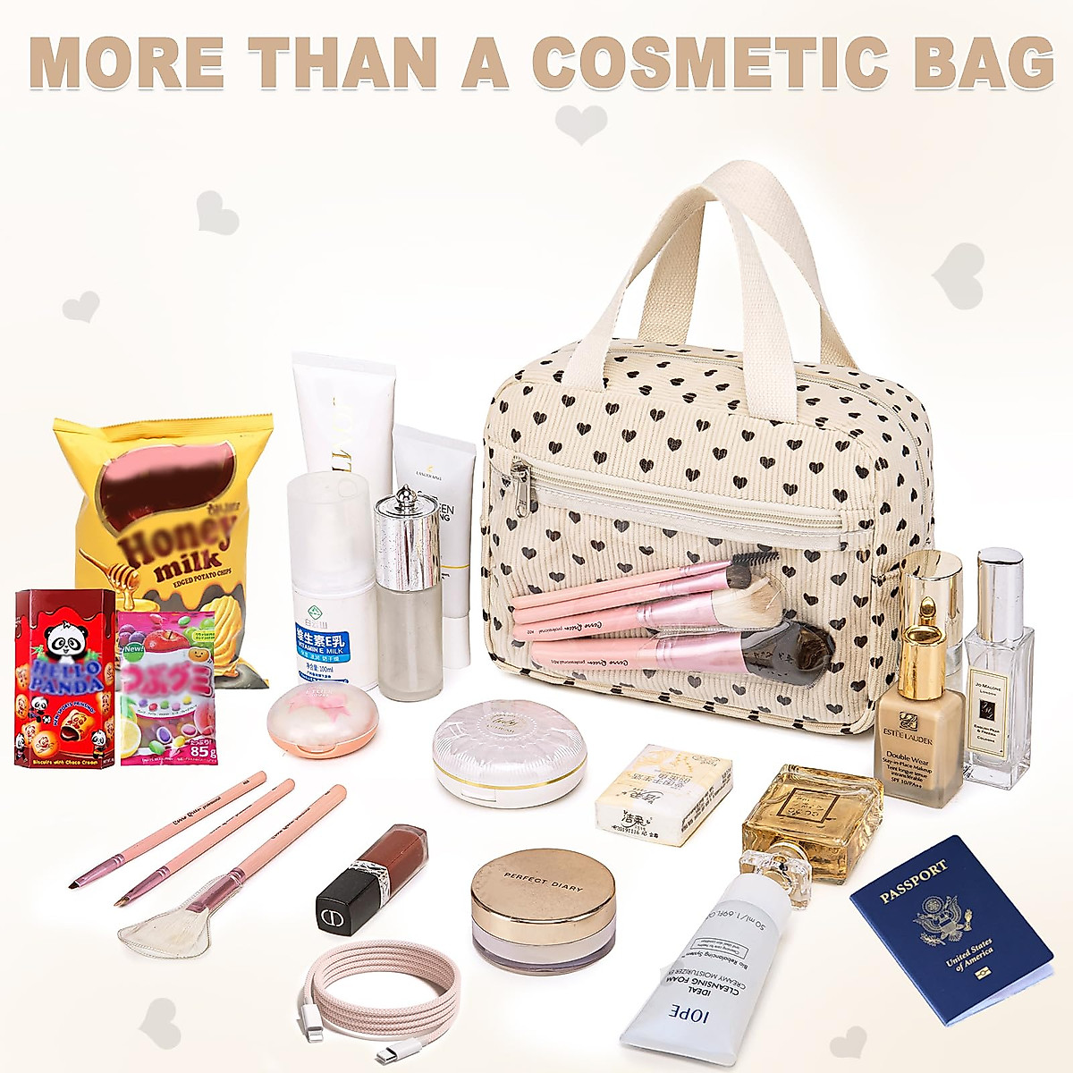 CAMTOP Makeup Bag Women Girls Corduroy Cosmetic Bags Travel Toiletry Purse Zipper Pouch (Black Heart)