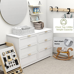 UYIHOME 6 Drawer Dresser for Bedroom, Modern Long Dresser Chest with Large Drawer, Wooden Chest of Dresser Storage Cabinet Organizer Unit for Living Room, Cloakroom, Entryway, Hallyway, White