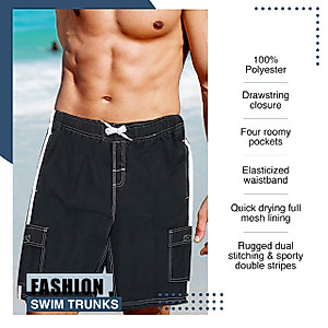 NORTY Men's Swimsuit Trunks - Swim Shorts for Beach, Boat, and Watersports - Drawstring Waist and Cargo Pockets - Navy, Large