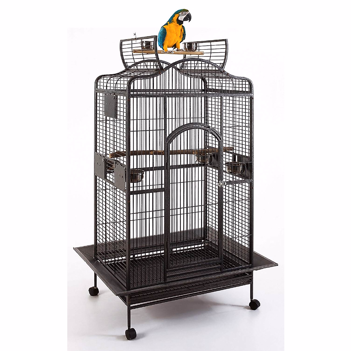 Extra Large Wrought Iron Open/Close Play Dome Top Parrot Bird Cage for Large Macaws Cockatoos African Grey Amazon (Black Vein, 35.25" W x 29.5" D x 62" H)
