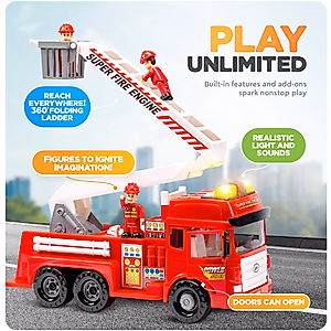 FUNERICA Large Fire Truck Toy with Lights and Sounds - Doors That Open - Big Folding Ladder - 7 Toy Figures and Firemen - Red Firetruck Engine for Toddlers and Kids
