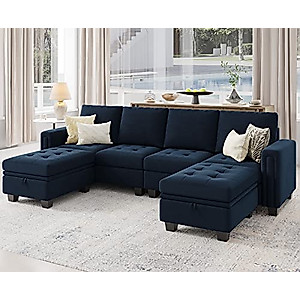 Belffin Velvet U Shaped Sectional Sofa Couch with Storage Ottoman Convertibel Sectional Sofa with Reversible Chaises Blue