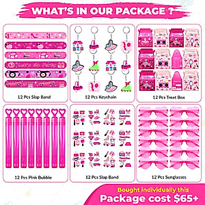 Pink Party Favors 72 Pc Princess Party Stickers Keychain Hot Pink Sunglass Bubble Wand Treat Box for Girl Hot Pink Birthday Party Supplies
