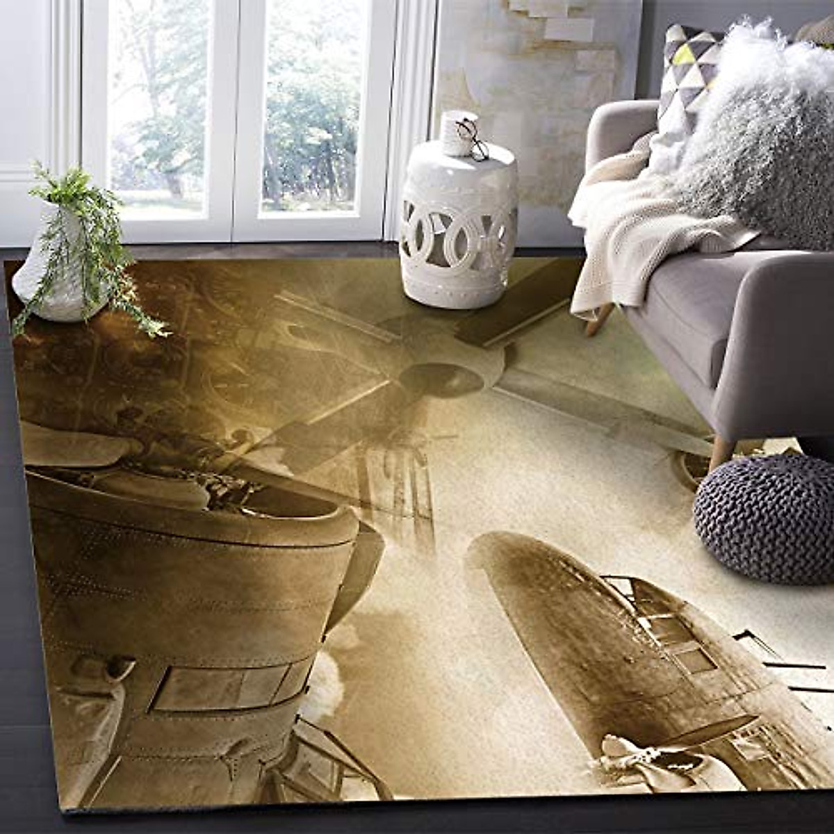 Area Rug, 4x6ft Fluffy Rugs for Living Room, Non-Slip Non-Shedding Shag Carpet for Bedroom Decor, Aircraft Battlefield Air War Area Rugs for Aesthetic Room Decor