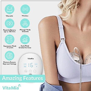 VitaMia Wearable Wireless Double Electric Breast Pump, 16 Levels 3 Modes, Quiet & Vibration- Free Breastfeeding, Silicone Breast Shield, Long Battery Life, Portable & Hands Free
