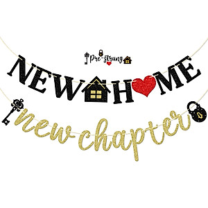 New Home New Chapter Banner, Pre-strung New Home Banner, Housewarming Party Decorations, Home Decor, Black & Gold Glitter