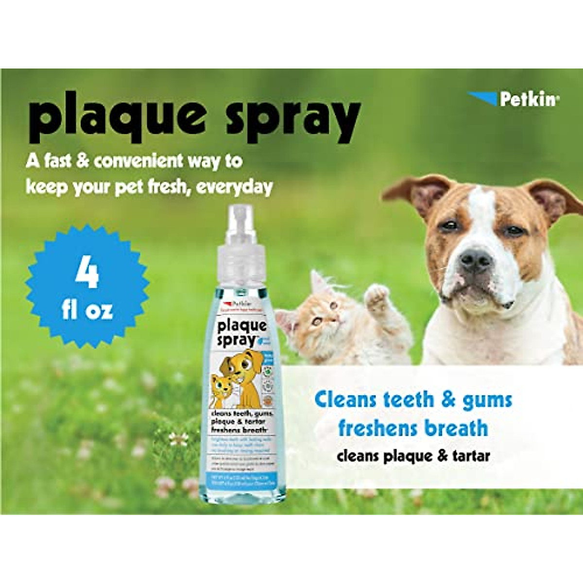 Petkin Plaque Spray, Cool Mint, 4 Fl Oz – Cleans Teeth & Gums, Removes Plaque & Tartar, Freshens Breath & Whitens Teeth with Baking Soda - Ideal Cat & Dog Dental Spray with No Brushing or Rinsing