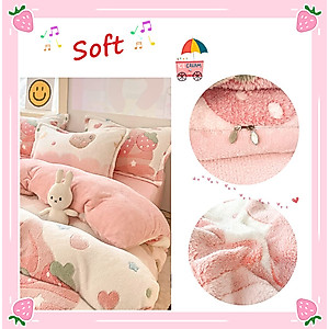 CinYana Pink Strawberry Duvet Cover Set Fluffy Kawaii Cartoon Comforter Cover Soft Kids Twin Size Bedding Set (Strawberry)