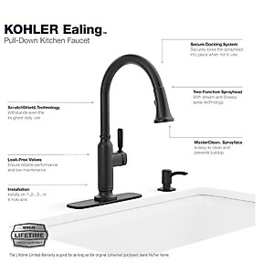 KOHLER Ealing K-R28703-SD-BL Single Handle Pull-Down Kitchen Faucet with Soap/Lotion Dispenser and Deck Plate Matte Black