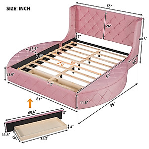 VilroCaz Queen Size Upholstered Platform Bed with Wingback Headboard, Velvet Platform Bed Mattress Foundation with 1 Big Drawer and 2 Side Storage Stool, Strong Wood Slats Support (Pink-S)