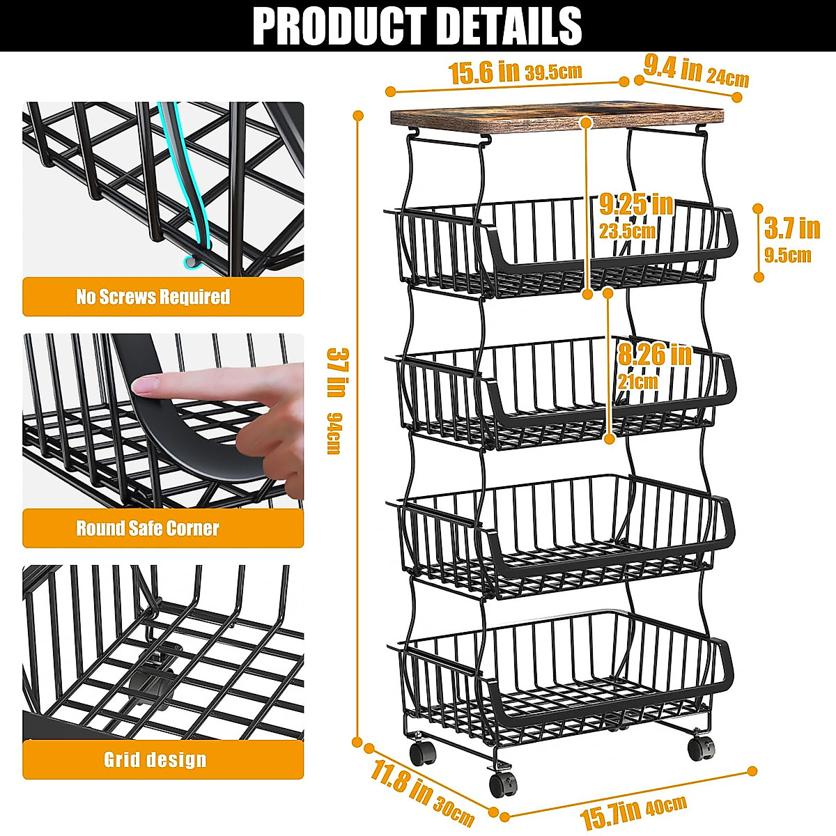 Gsiekare Fruit Vegetable Basket for Kitchen, 5 Tier Stackable Fruit Vegetable Storage Baskets with Wheels, Metal Wire Storage Basket Organizer Cart for Kitchen, Pantry, Bathroom