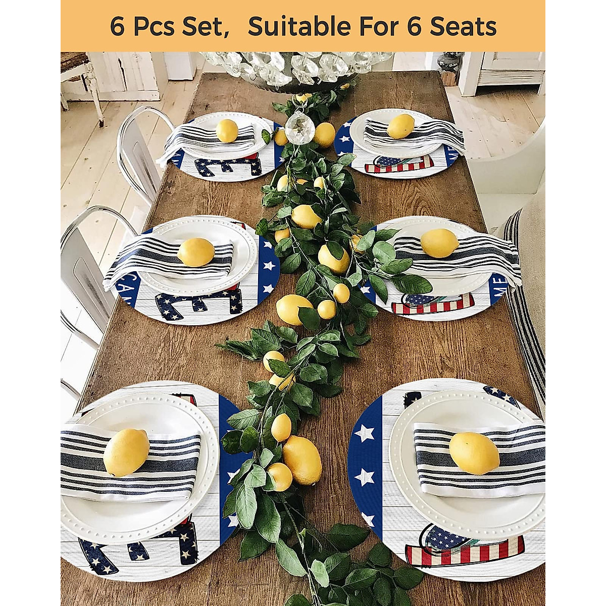 Round Placemats for Dining Table Set of 6 American Flag Patriotic Stars July 4th Place Mats Circle Woven Placemat Love American Wooden Patriotic Braided Table Mat for Kitchen Dinner Party 13 Inch