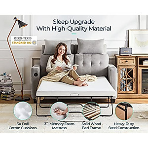 LINSY HOME Pull Out Sofa Bed, 2-in-1 Convertible Sleeper Couch with Memory Foam Mattress, Two Seat Loveseat Sleeper Sofa Bed for Living Room, Grey, Full Size