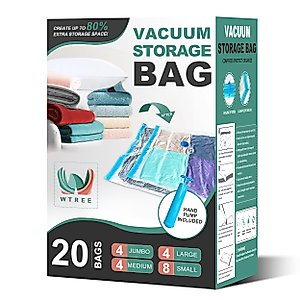 WTREE 20 Pack Vacuum Storage Bags, Space Saver Bags, Vacuum Sealed Bags for Comforters, Blankets, Clothes Storage, Hand Pump Included (4 Jumbo/4 Large/4 Medium/8 Small)