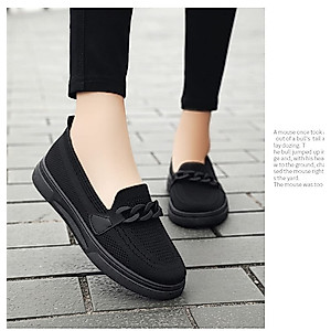 Fenlogft Womens Round Toe Wide Shoes Breathable Lightweight Loafers for Elderly Women Walking Nurse Work Flat Slip-On Shoes(G-Q809 Black,Size 6.5)
