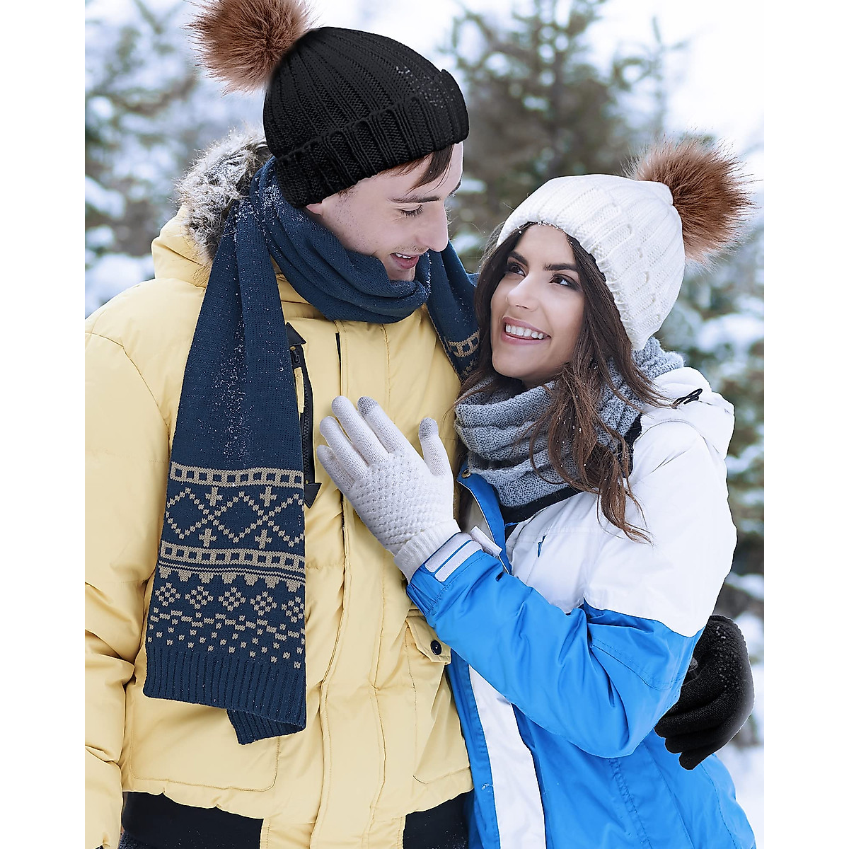 JaGely 8 Pcs Womens Winter Gloves and Hat Knitted Beanie Hat Glove Set Knit Skull Cap Beanie Soft Ski Cuff Cap Knit Touchscreen Gloves Thermal Texting Gloves with Faux Fur Pom