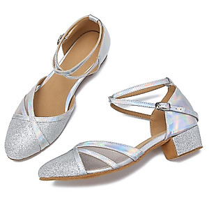 LuiXiu Low Heel Ballroom Dance Shoes for Social Beginner 1.5 Inches Latin Salsa Practice Dancing Sandals LX03(9.5, Silver-1.5 Inch Heel)
