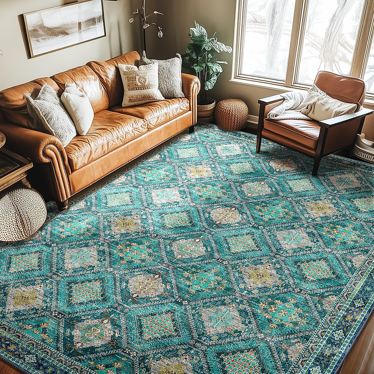 CAPALOCA Area Rug 6x9 Area Rugs Print Machine Washable Area Rug Vintage Boho Area Rug Bohemian Distressed Carpet Non Slip Low Pile Stain Resistan for Living Room Bedroom Teal/Blue/Purple